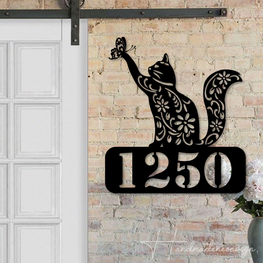 Personalized Cat House Number, Butterfly Home Number Metal Wall Sign ...