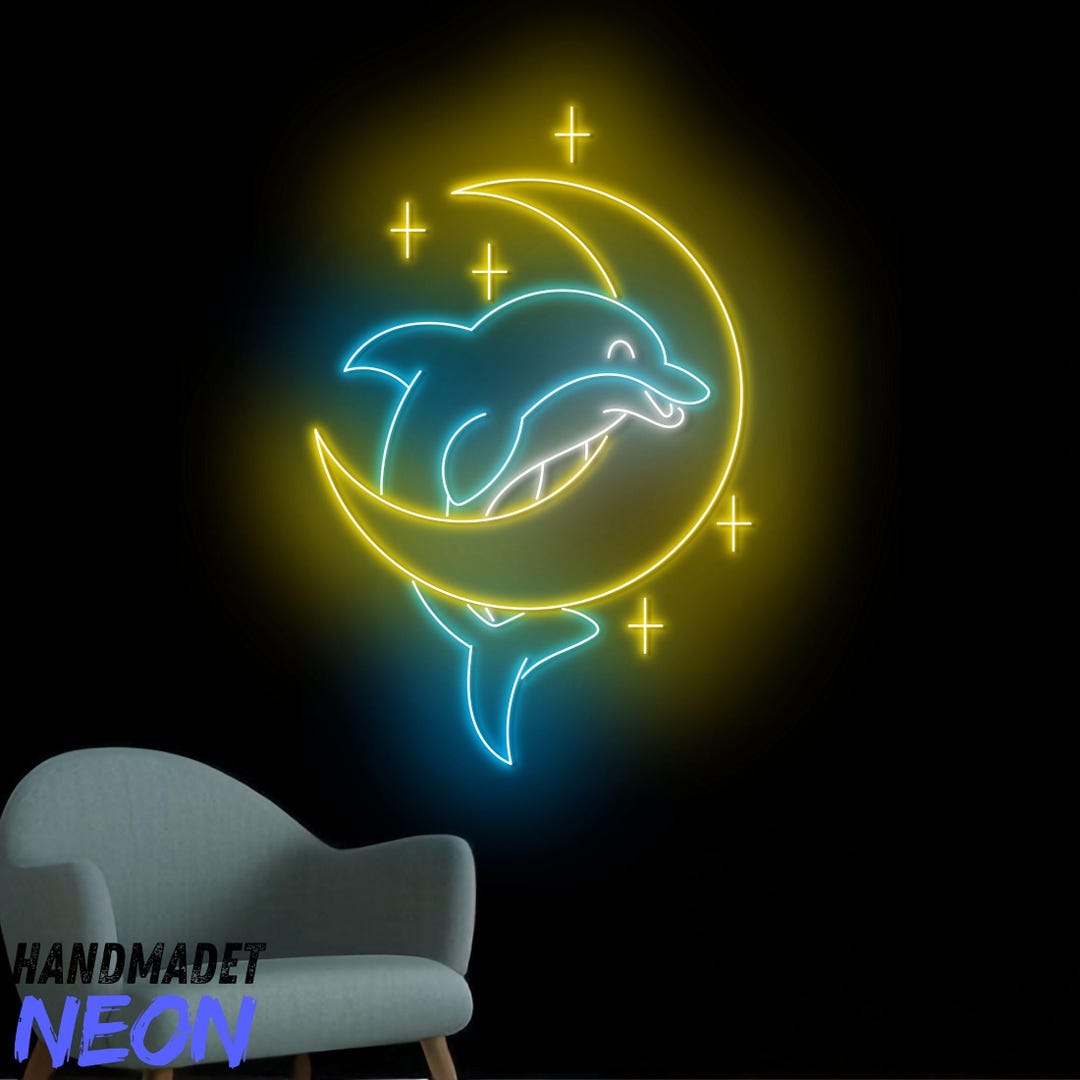 Dolphin on Moon Neon Sign, Dolphin With Moon Led Sign, Dolphin Moon Led ...
