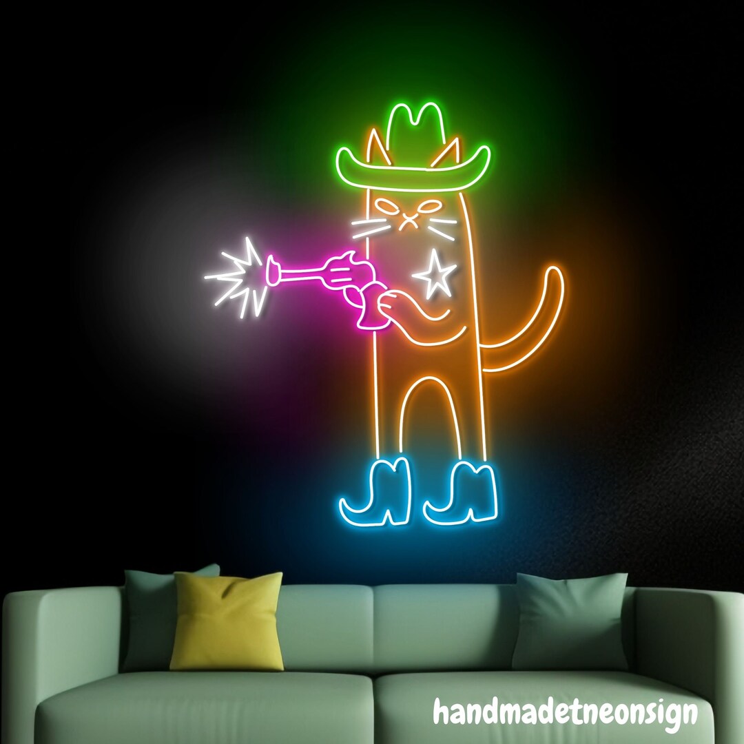 Funny Cowboy Cat Neon Wall Sign, Cat Shooting Led Wall Light, Pet Neon ...