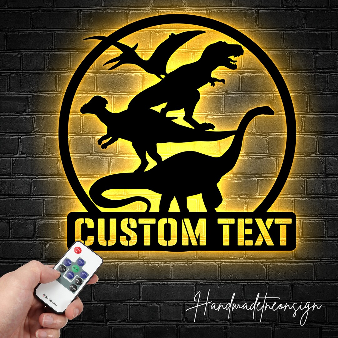 Custom Dinosaurs Metal Wall Art With LED Light - Personalized Dino Name ...
