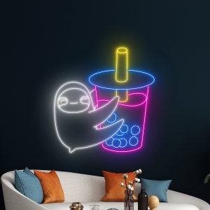 Sloth Bubble Tea Neon Sign, Boba Tea Led Light, Cute Sloth Neon Light ...