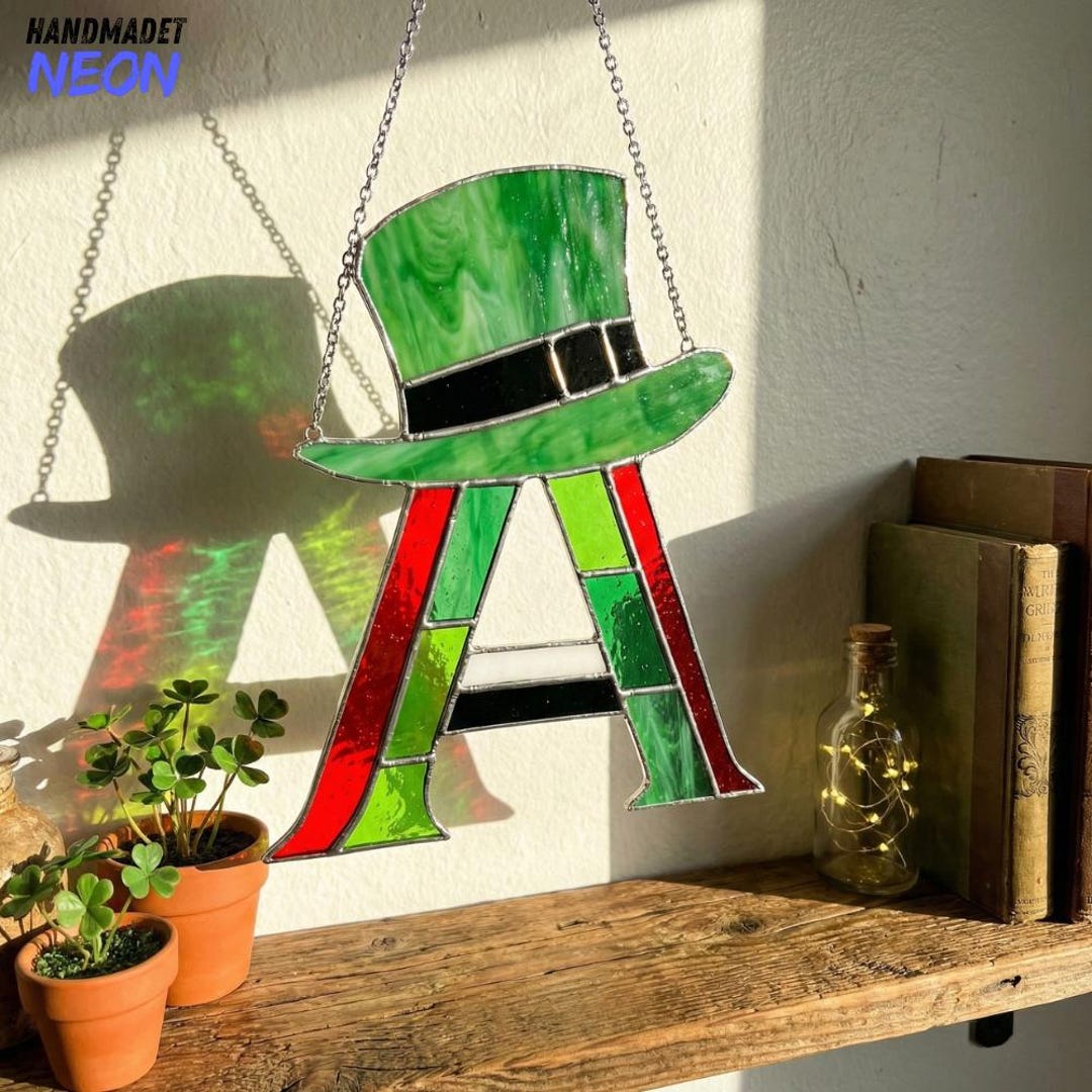 Personalized Stained Glass Monogram Suncatcher, Lucky Hat Window ...