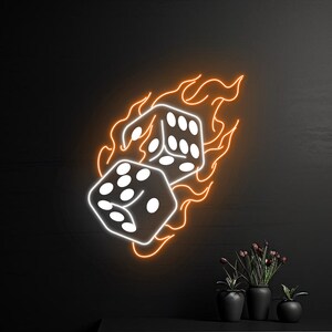 Dice on Fire Neon Sign, Flaming Poker Led Light, Burning Slot Game Neon ...
