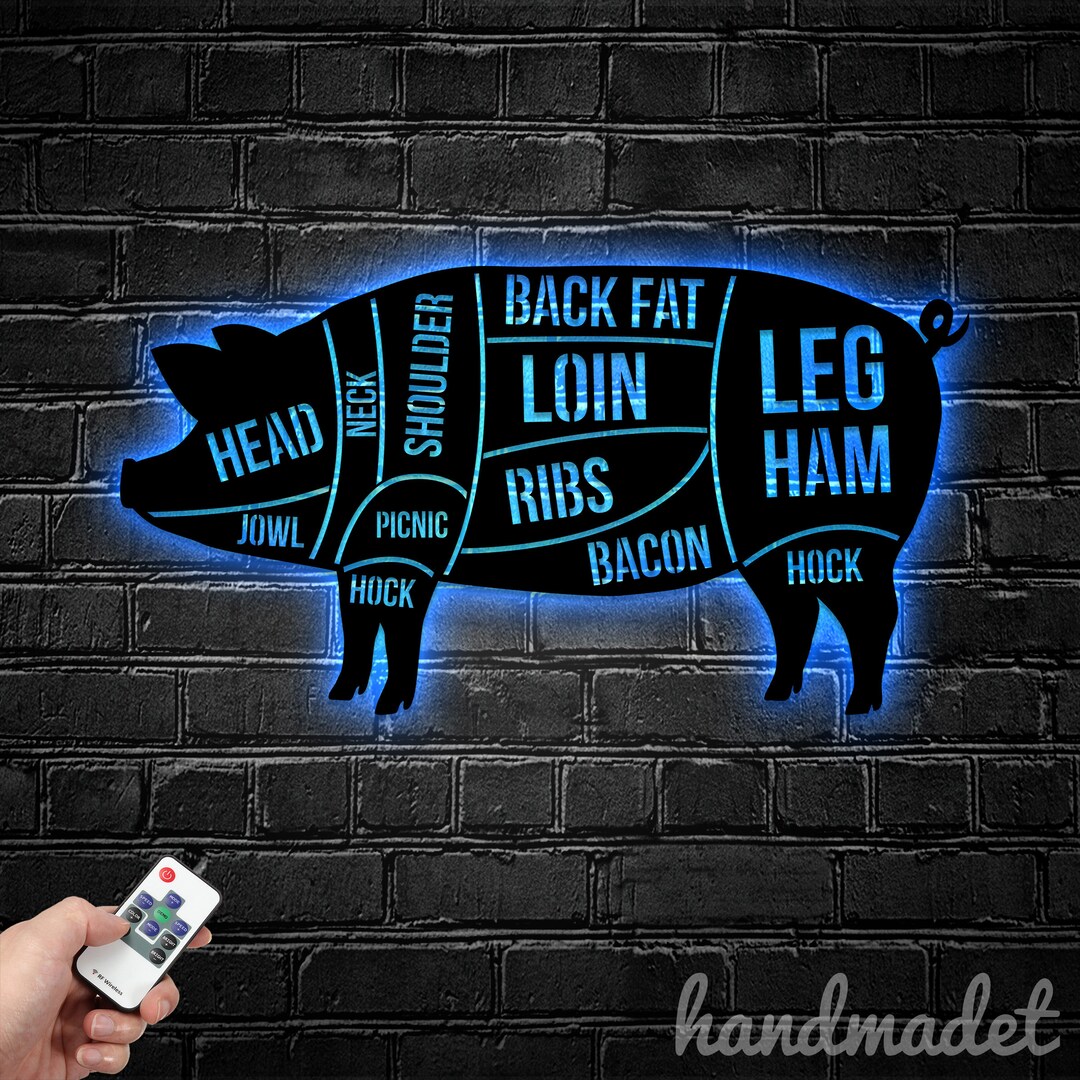 Personalized Pig Pork Cuts Metal Wall Art LED Light, Custom Meat ...