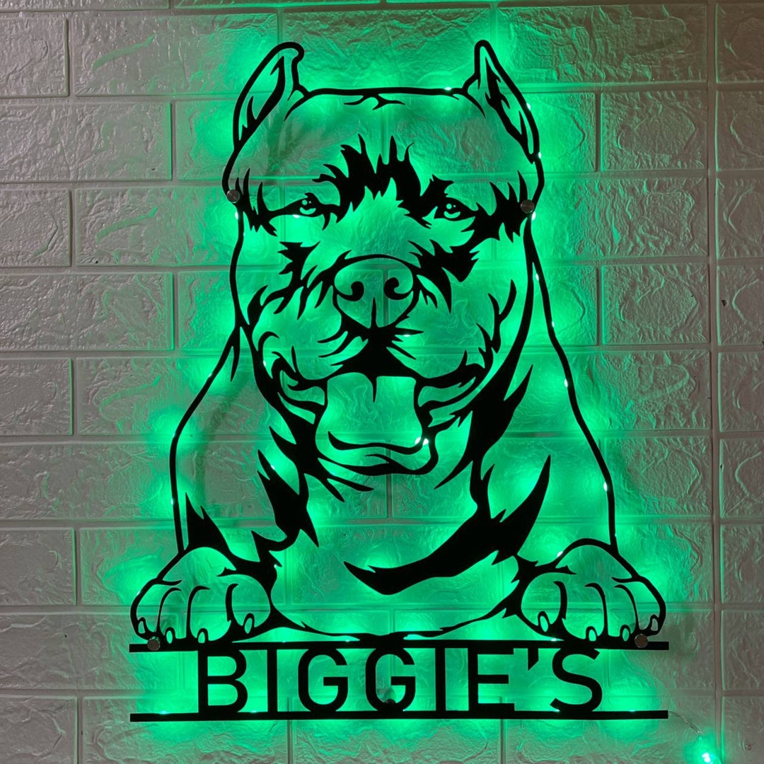 Custom Pit Bull Dog Metal Wall Art LED Light - Personalized Pitbull Dog ...
