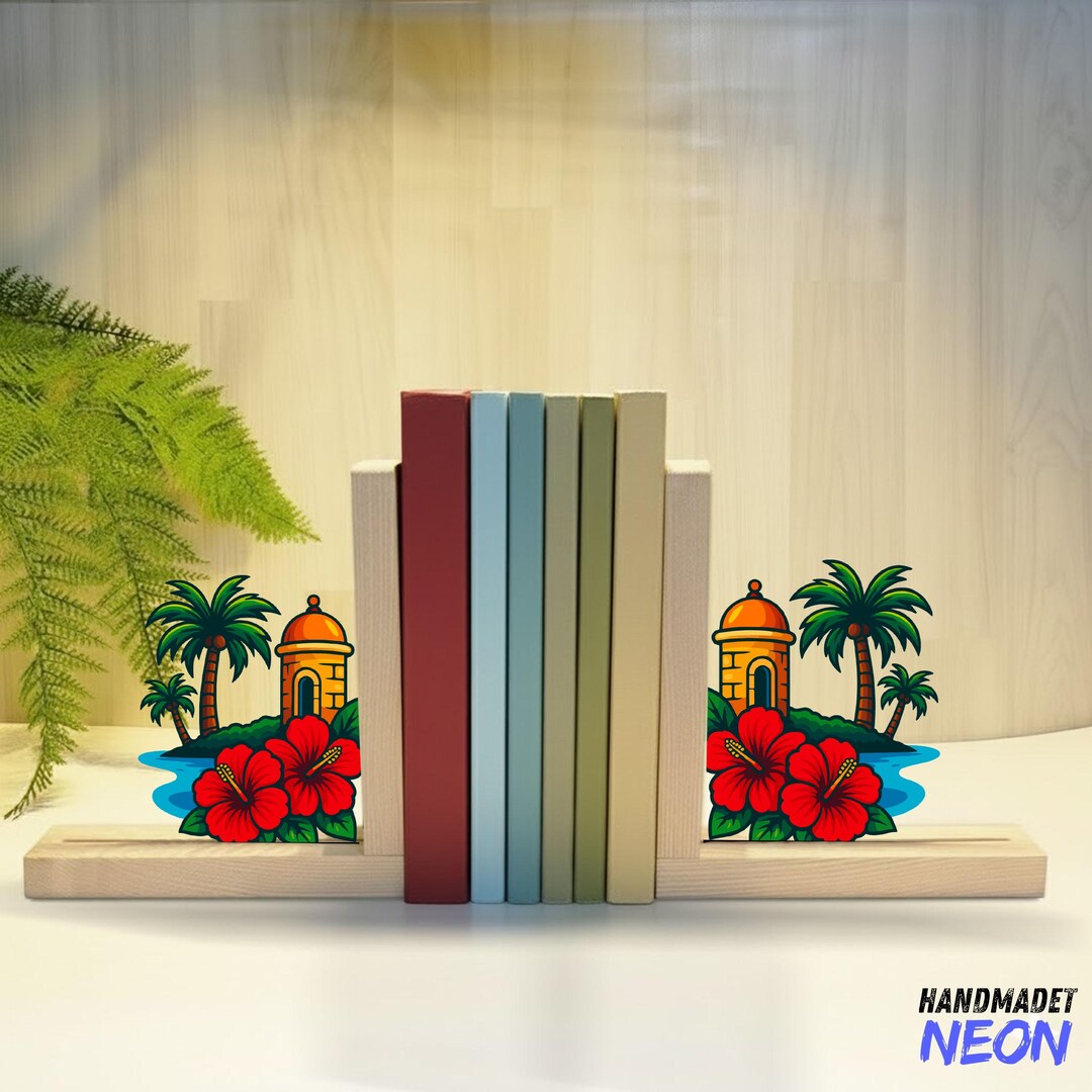 Puerto Rico Metal Bookends: Wooden Book Holder Decor With Hibiscus ...