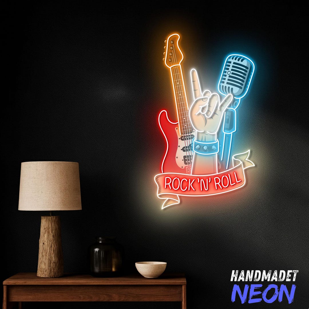 Music Neon Sign – Guitar and Microphone LED Light for Music Bar, Rock ...