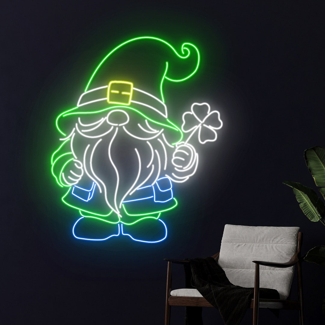 St. Patrick's Gnome Neon Sign, Gnome Shamrock Neon Light, 3 Leaf Clover ...