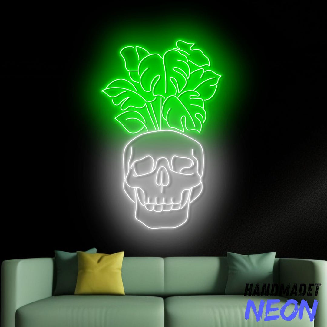 Monstera Skull Neon Sign, Monstera Plant Led Sign, Skull Head Neon ...
