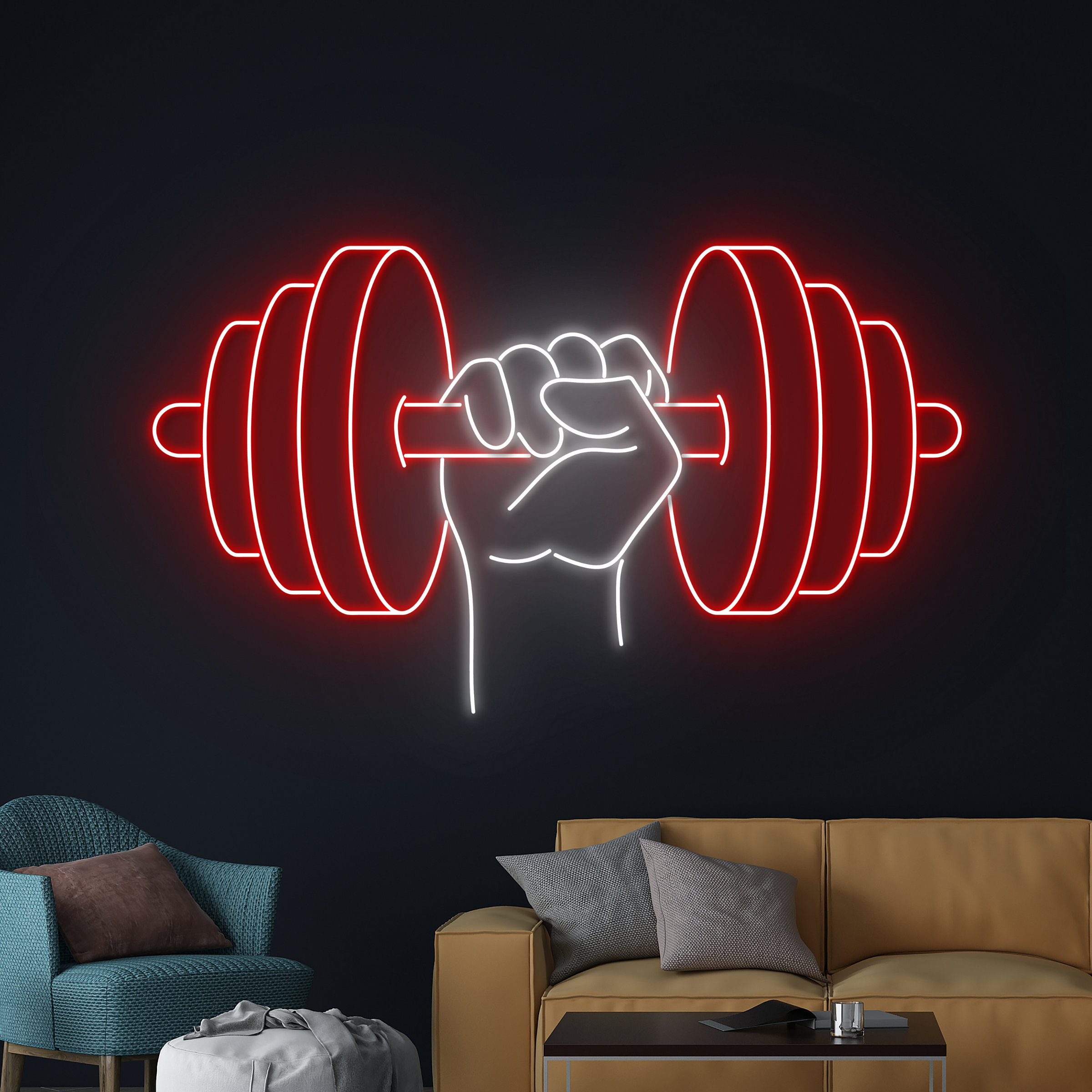 Hand Lifting the Weight Neon Sign, Dumbbell Hand LED Sign, Human Hand ...