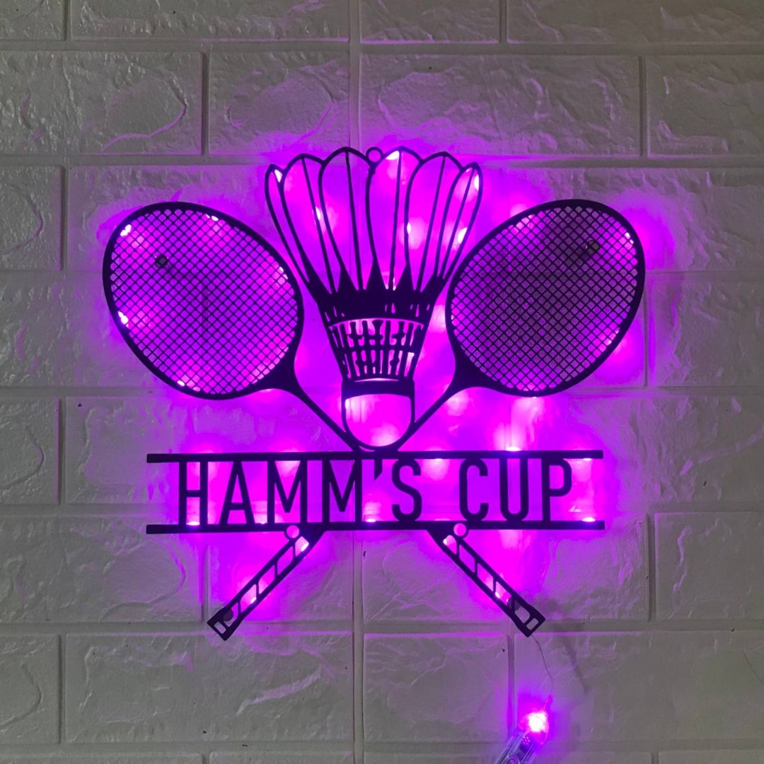 Custom Badminton Crossed Rackets and Shuttle Metal Wall Art LED Light ...
