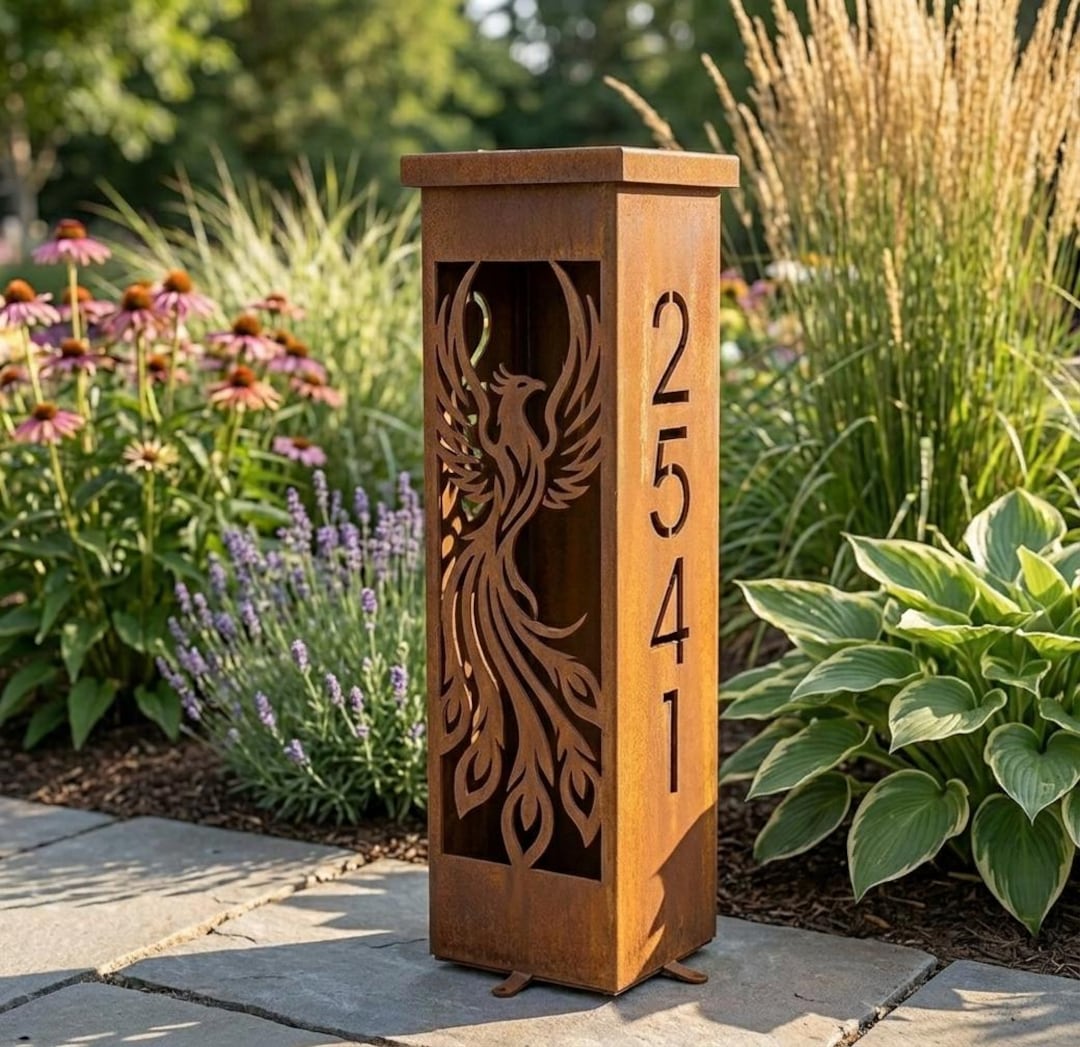 Phoenix Metal Garden Column Address Sign, Firebird House Numbers Light ...