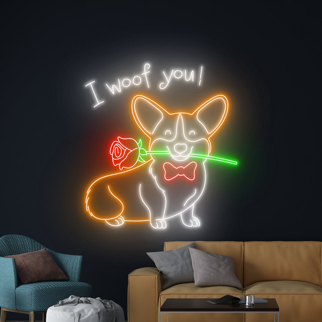 I Woof You Neon Sign, Cute Corgi Rose Led Light, Funny Corgi Neon Light ...