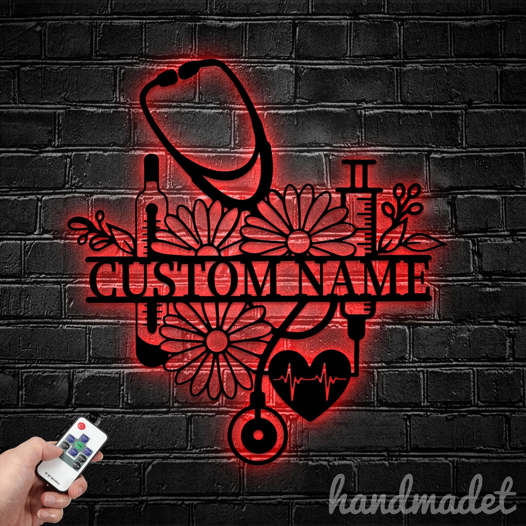 Personalized Nurse Metal Sign, Thermometer Metal Light, Stethoscope Led ...