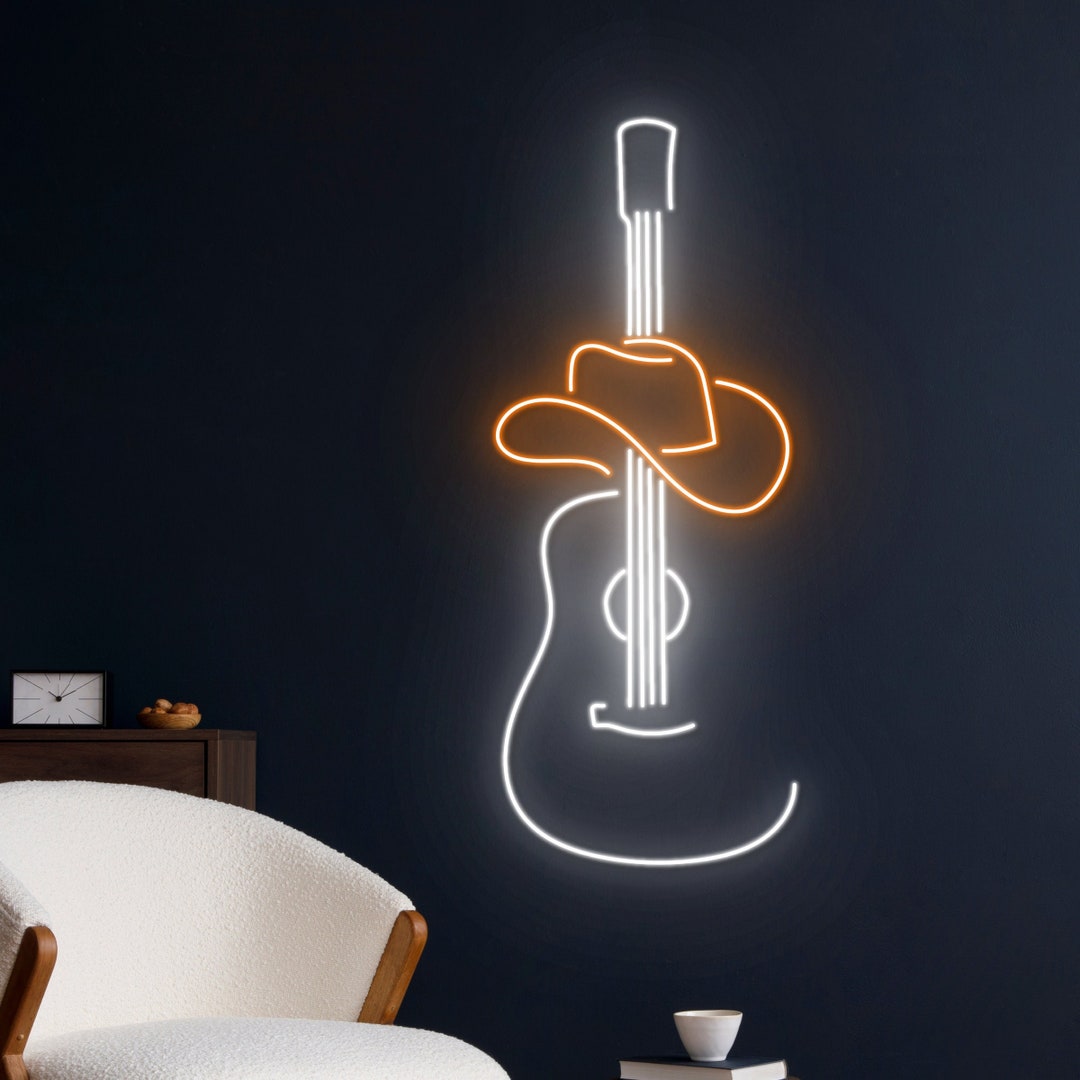 Cowboy Hat Guitar Led Sign, Cowboy Guitar Neon Light, Guitar Cowboy ...
