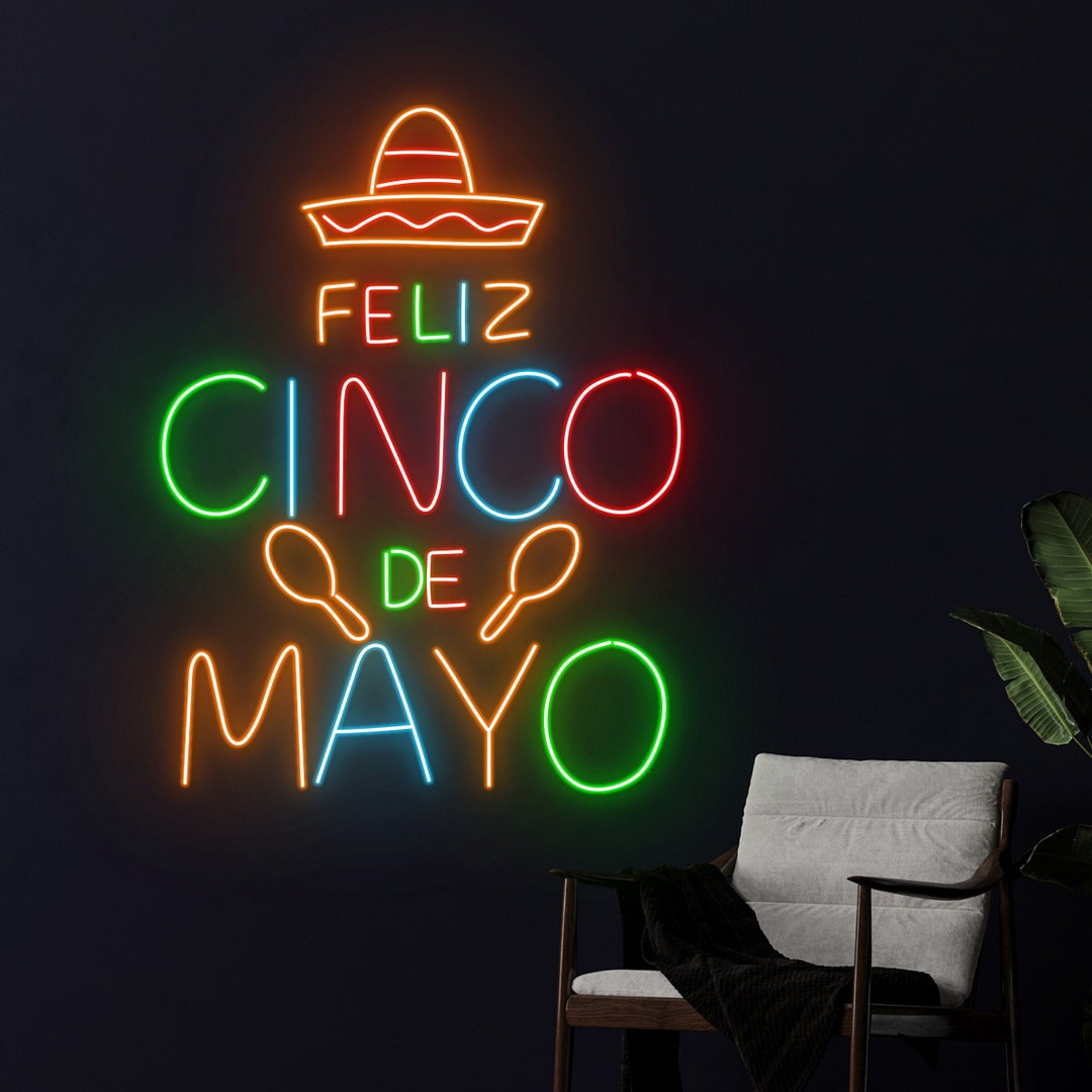 Feliz Cinco De Mayo Neon Sign, Sombrero Hat Maraca Neon Light, Sombrero ...