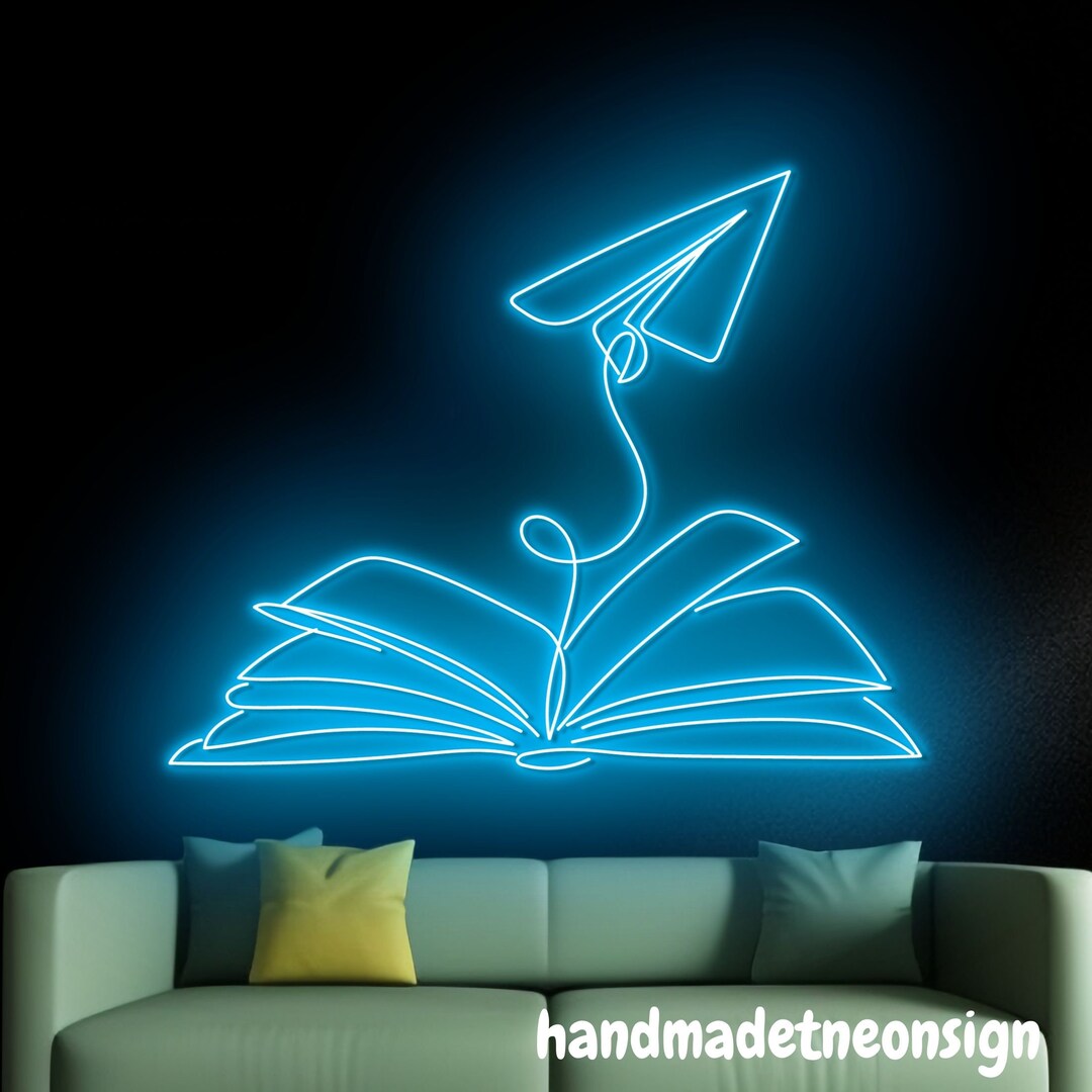 Book Airplane Neon Sign, Book Line Art Led Sign, Bookish Neon Light ...