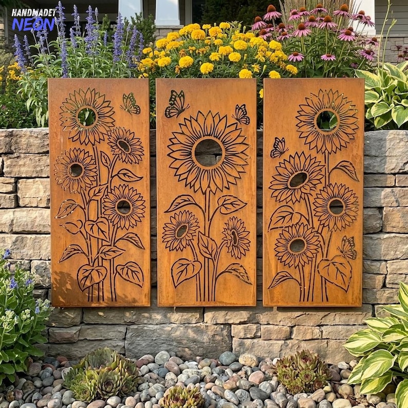 Custom Sunflower Metal Garden Wall Panel, Rustic Botanical Outdoor Yard ...