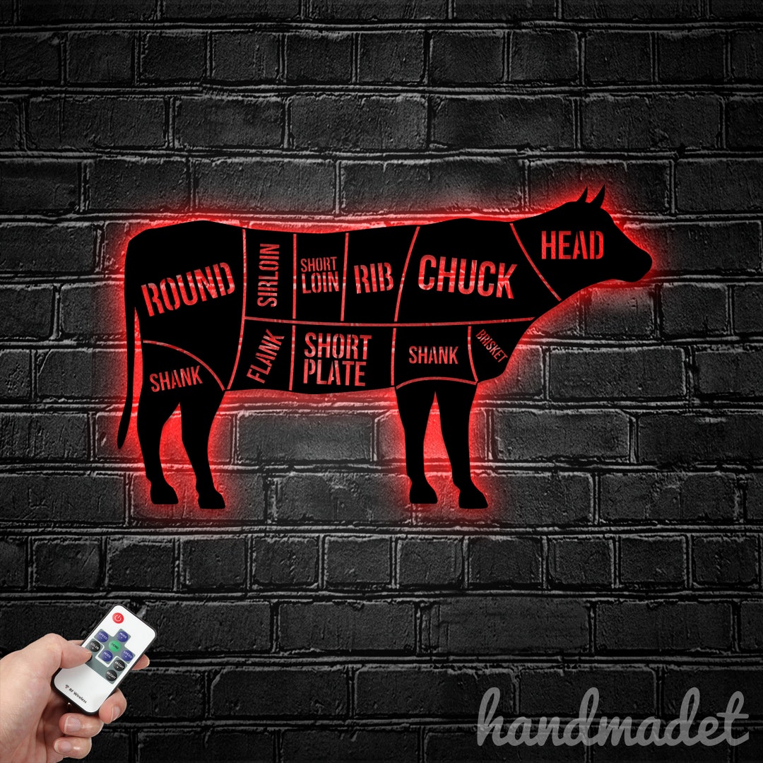 Personalized Cow Beef Cuts Metal Wall Art LED Light, Custom Meat ...