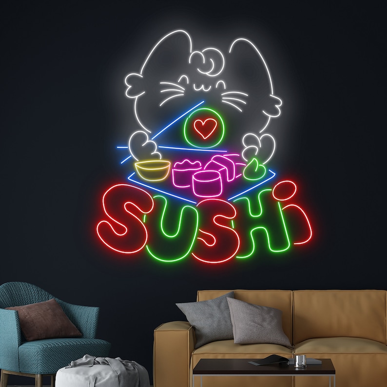 Cat Eating Sushi Neon Sign, Japanese Food LED Sign, Sushi Cat Neon ...