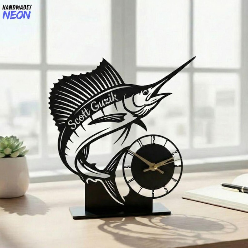 Personalized Marlin Fish Metal Desk Clock, Fishing Decor, Custom ...