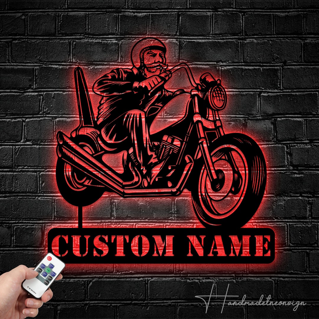 Custom Old Man Riding Chopper Motorcycle Metal Wall Art LED Light ...