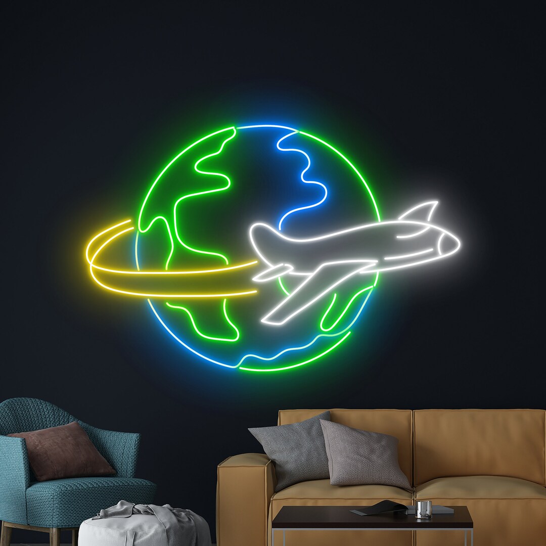 Around the World Neon Sign, Airplane Led Sign, Airplane Earth Decor ...