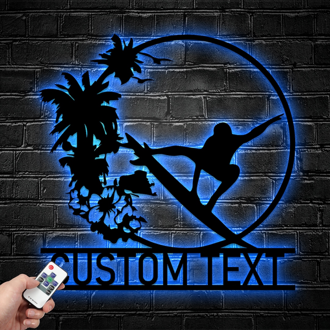 Custom Surfing Metal Wall Art With LED Light, Personalized Surfer Name ...