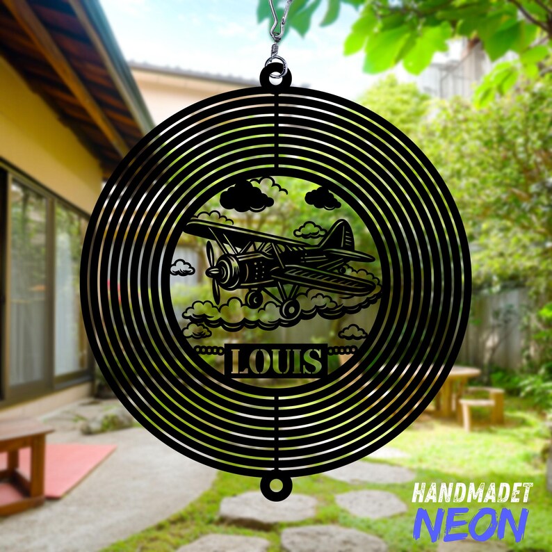 Airplane Wind Spinner Metal Yard Art, Custom Name Outdoor Garden Decor ...