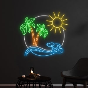 Custom Sun Ocean Waves Palm Tree Neon Sign, Beach Vacation Led Sign ...