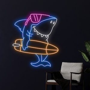 Shark Surfing Neon Sign, Surfer Shark Neon Light, Shark Surfboard Led ...