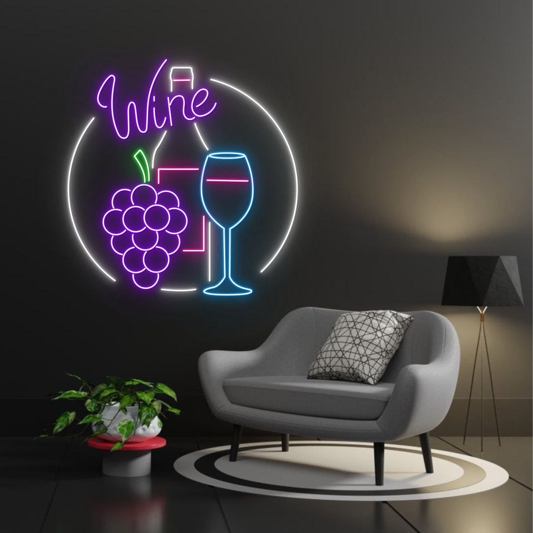 Wine Bottle Glass Neon Sign, Grape Fruit Neon Sign, Cocktail Neon Light ...