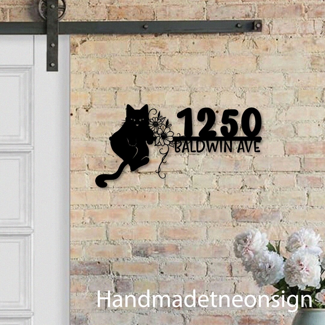 Personalized Cat House Number, Floral Cat Home Number Metal Wall Sign ...