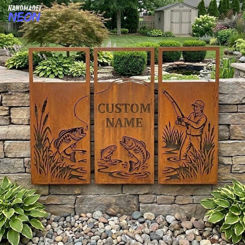 Custom Fishing Metal Garden Wall Panel, Rustic Fisherman Privacy Screen ...