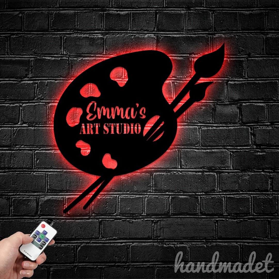 Personalized Art Studio Metal Wall Sign, Paint Palette Metal Wall Light ...
