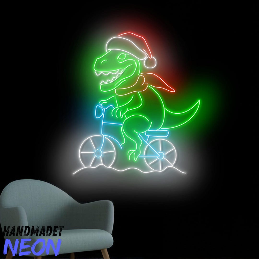 Cute T-rex on A Bike Neon Sign, Dinosaur Christmas Led Sign, Dinosaur ...