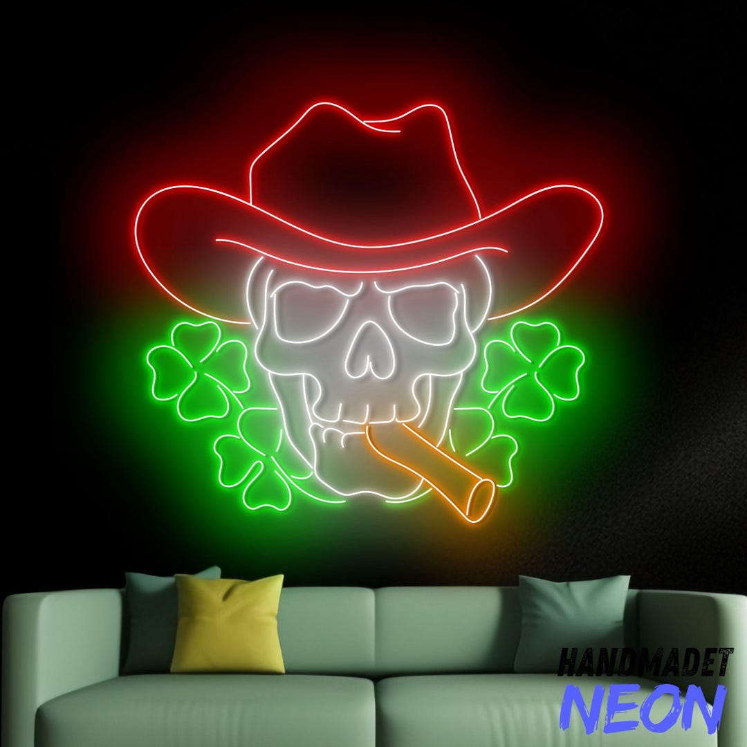 Cowboy Skull Shamrock Neon Sign, Skull Smoking Led Sign, Happy St ...
