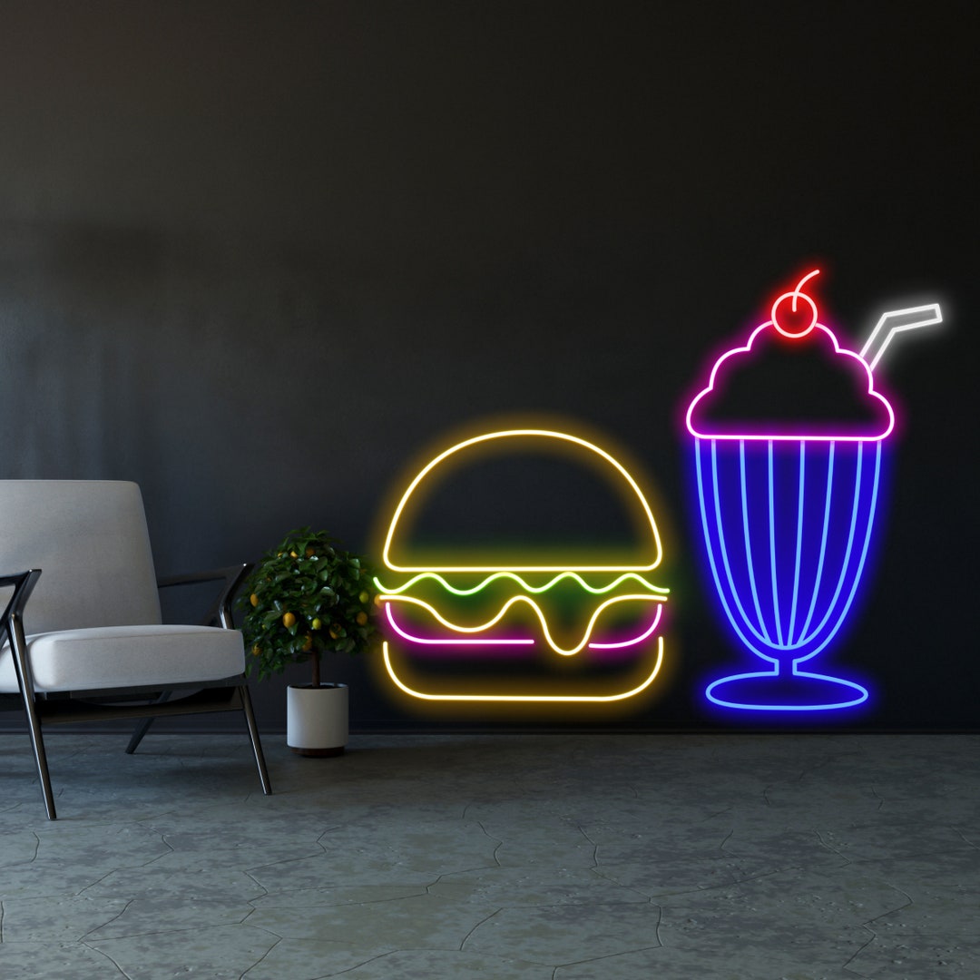 Burger Milkshake Neon Sign, Burger and Milkshake Neon Light, Burger ...