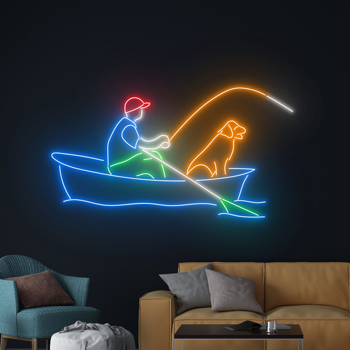 Fishing Neon Sign, Fishing on Boat Neon Light, Man and Dog Fishing Led ...