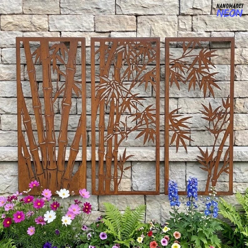 Custom Bamboo Metal Garden Wall Panel, Bamboo Rustic Outdoor Yard Decor ...