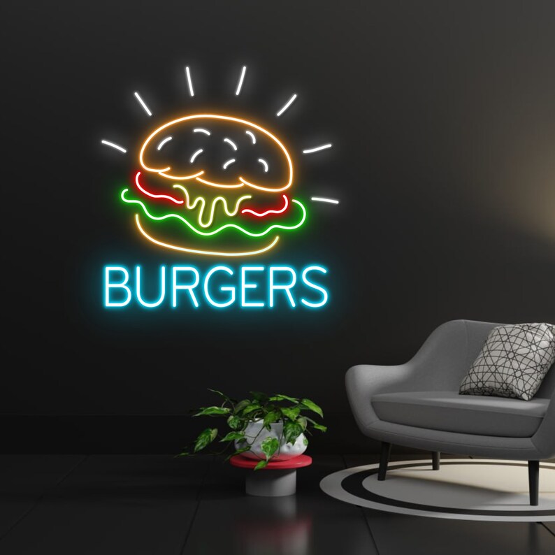 Burger Led Sign, Hamburger Neon Sign, Wall Decor, Burger Art Sign, Home ...