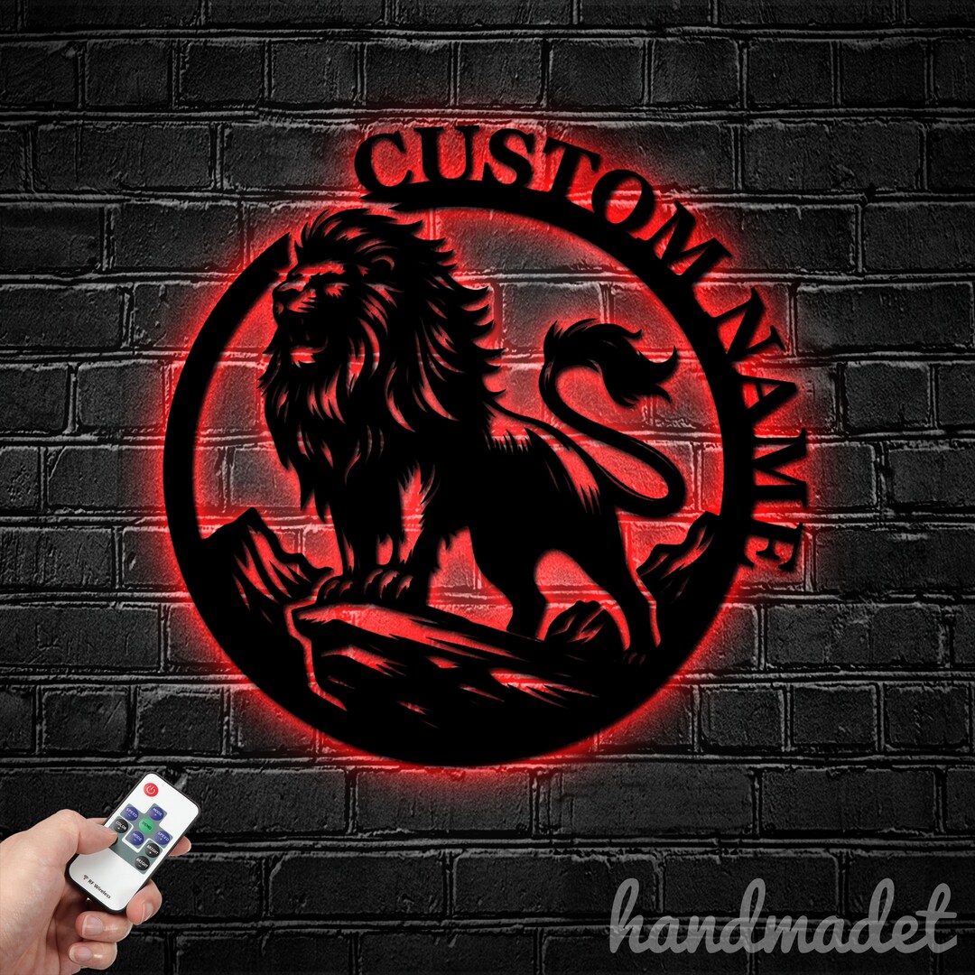Personalized Lion Metal Wall Sign, Lion Metal Wall Light, Animal Led ...