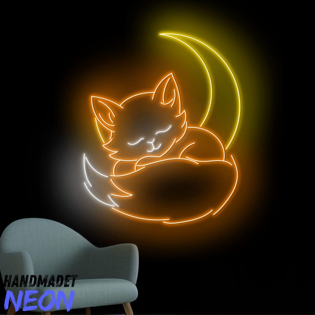 Fox on Moon Neon Sign, Fox Sleeping Led Sign, Fox Moon Led Light, Cute ...