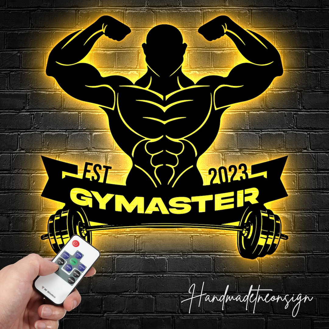 Custom Large Man Lifting Weight Metal Wall Art LED Light - Personalized ...