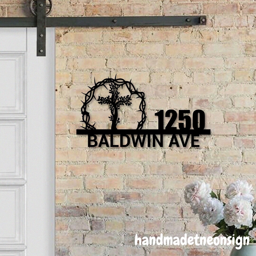 Personalized Tree in Cross House Number, Tree Home Number Metal Wall ...