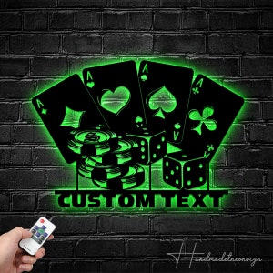 Casino Metal Wall Art LED Light, Playing Cards Metal Sign, Custom Name ...