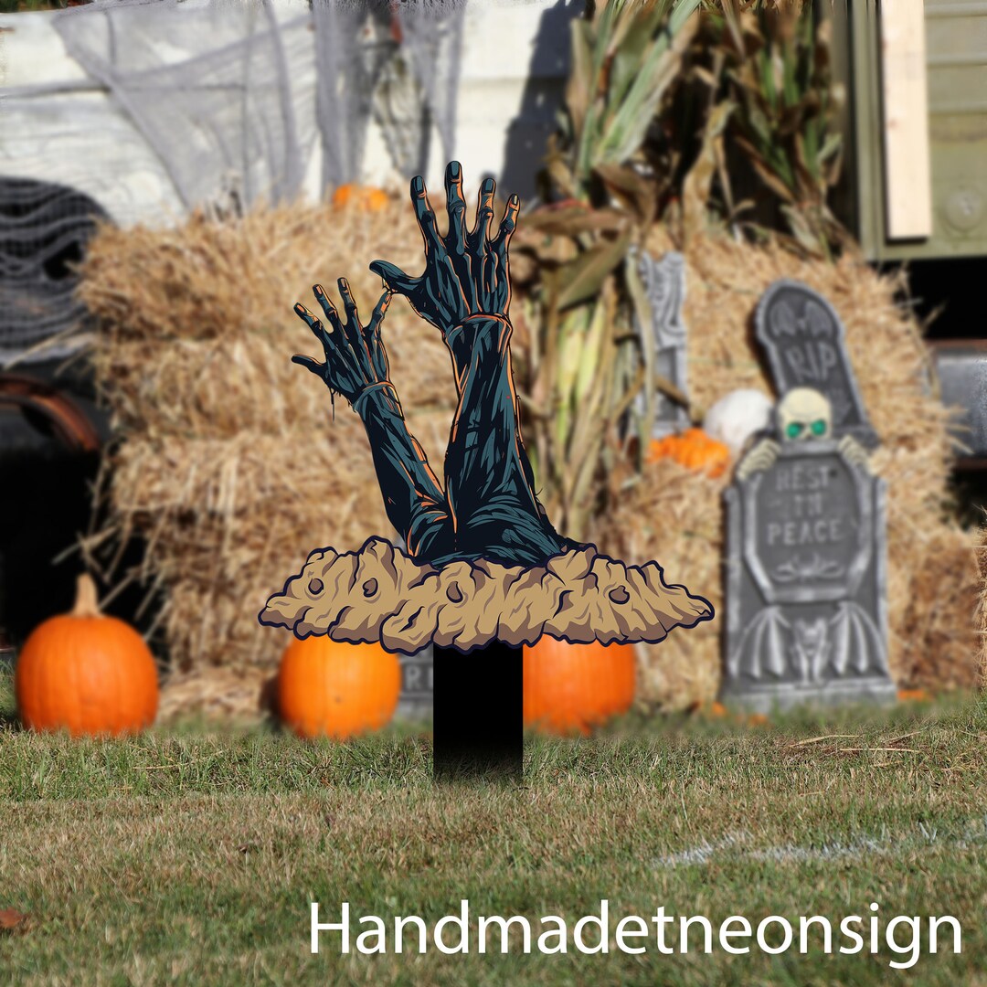Custom Halloween Zombie Hands Stake Sign, Zombie Halloween Garden Metal ...