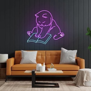Cat Reading Book Led Sign, Cat Neon Sign, Wall Decor, Cat Read Book ...