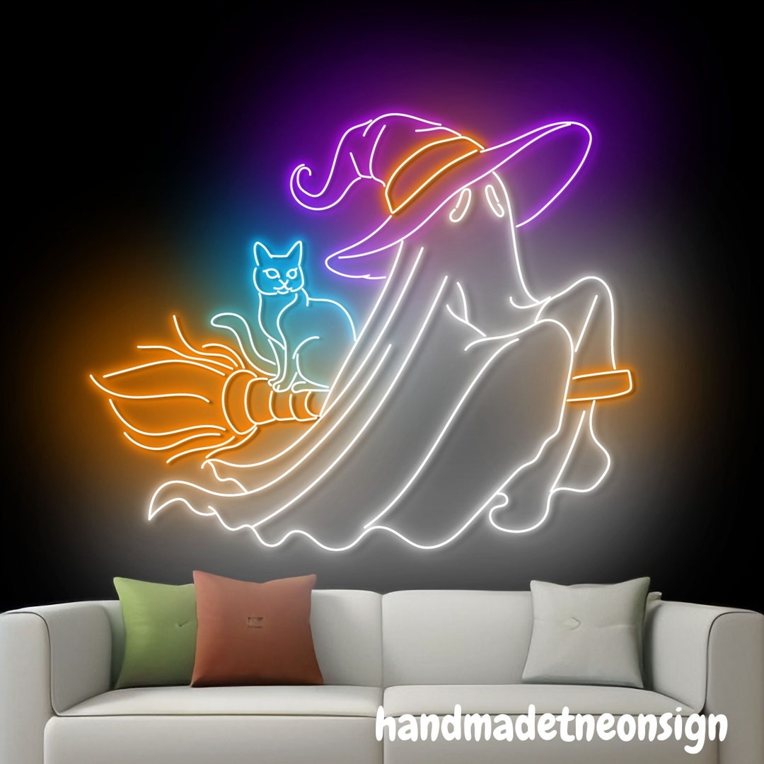Ghost Witch Neon Sign, Ghost With A Cat Led Sign, Ghost Riding A Broom ...