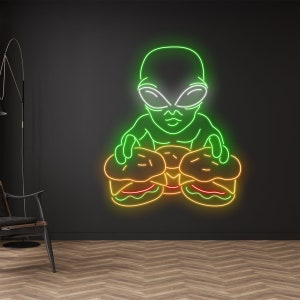 Alien Eating Burger Neon Sign, Burger Alien Neon Light, Alien Eats ...